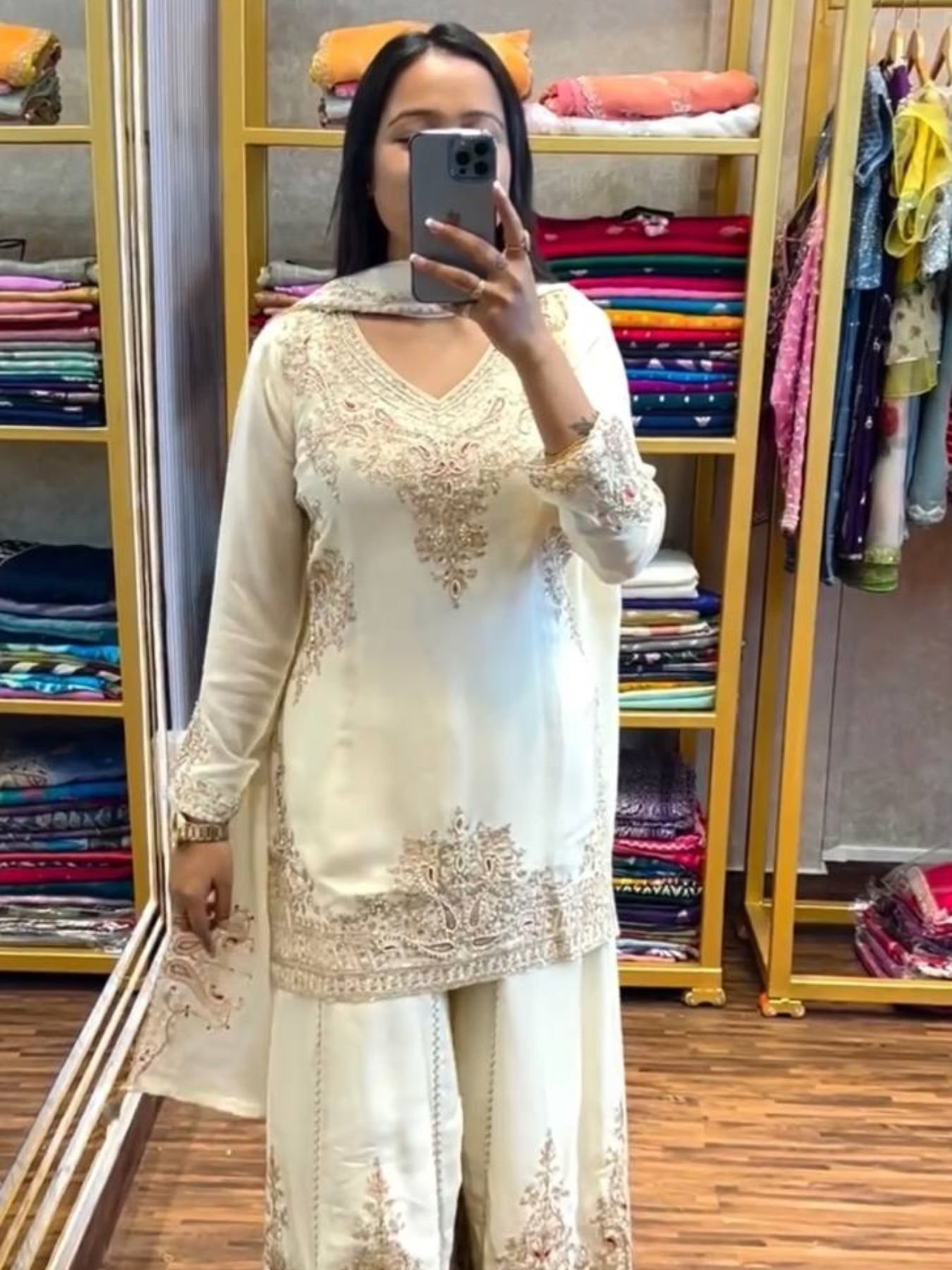 White Party Wear Heavy Embroidered Chinon Silk Salwar Suit
