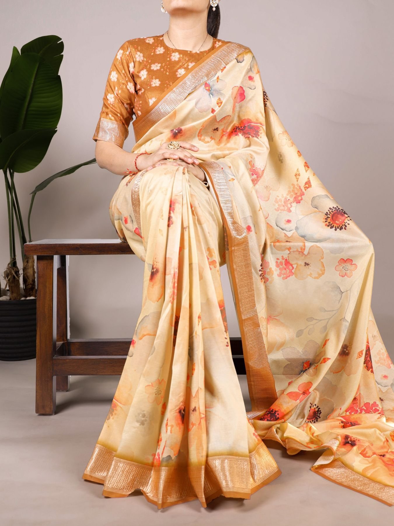 Tussar Silk Floral Printed Saree with Viscose Border & Matching Blouse