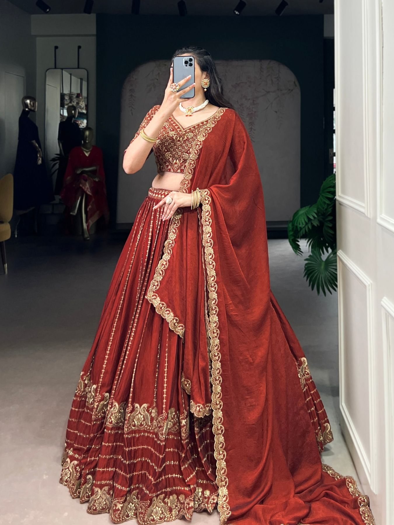 Regal Rust Orange Rangoli Crush Lehenga Choli