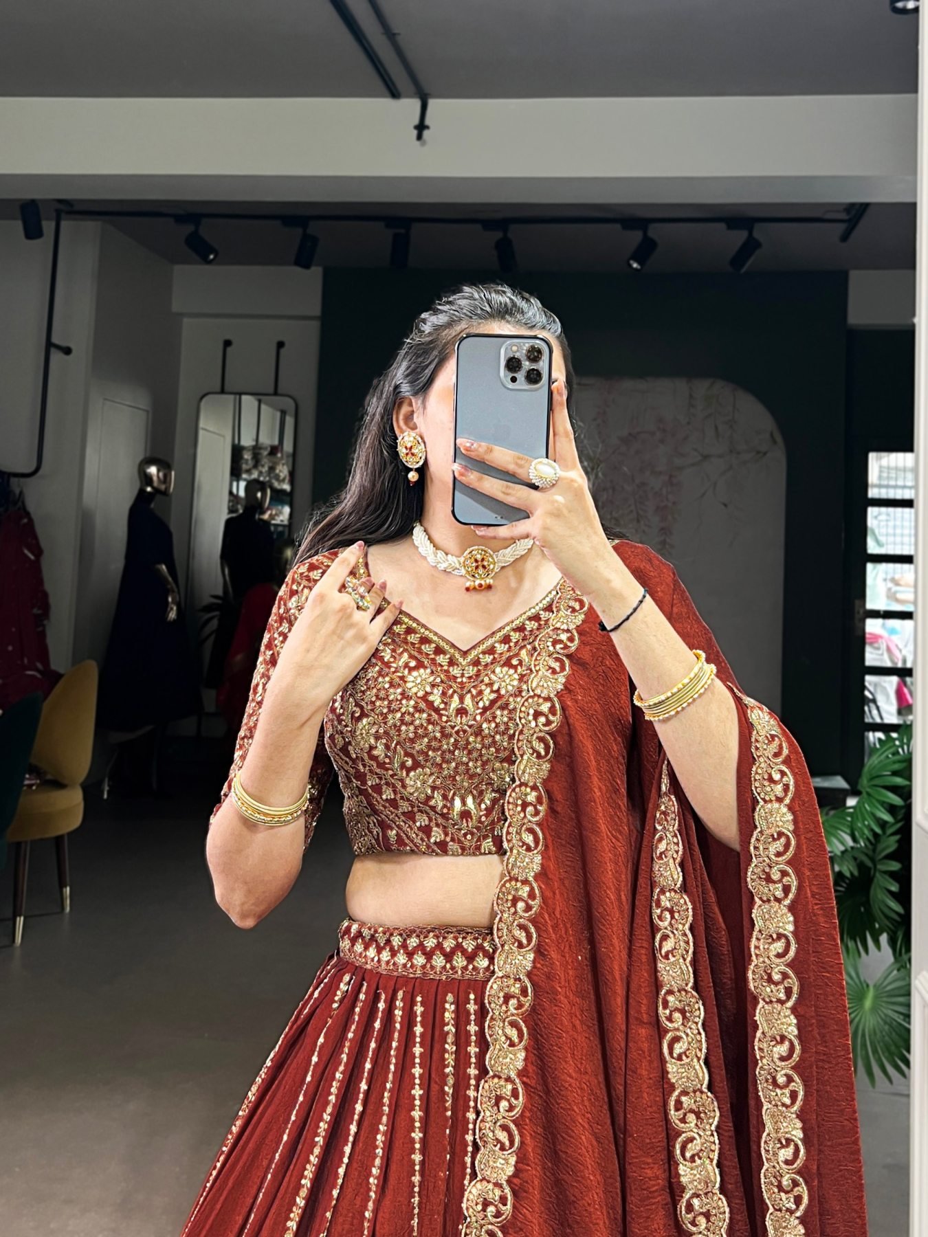 Regal Rust Orange Rangoli Crush Lehenga Choli