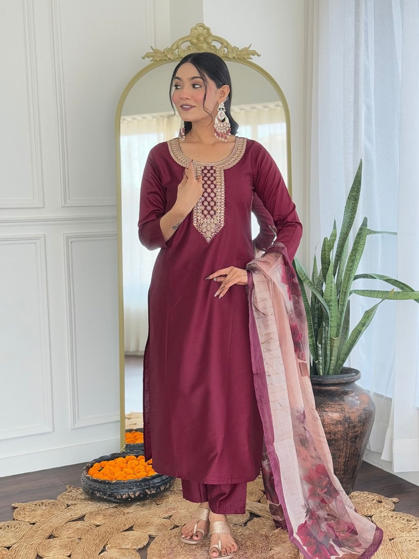 Maroon Embroidered Rayon Kurti Set with Taby Dupatta