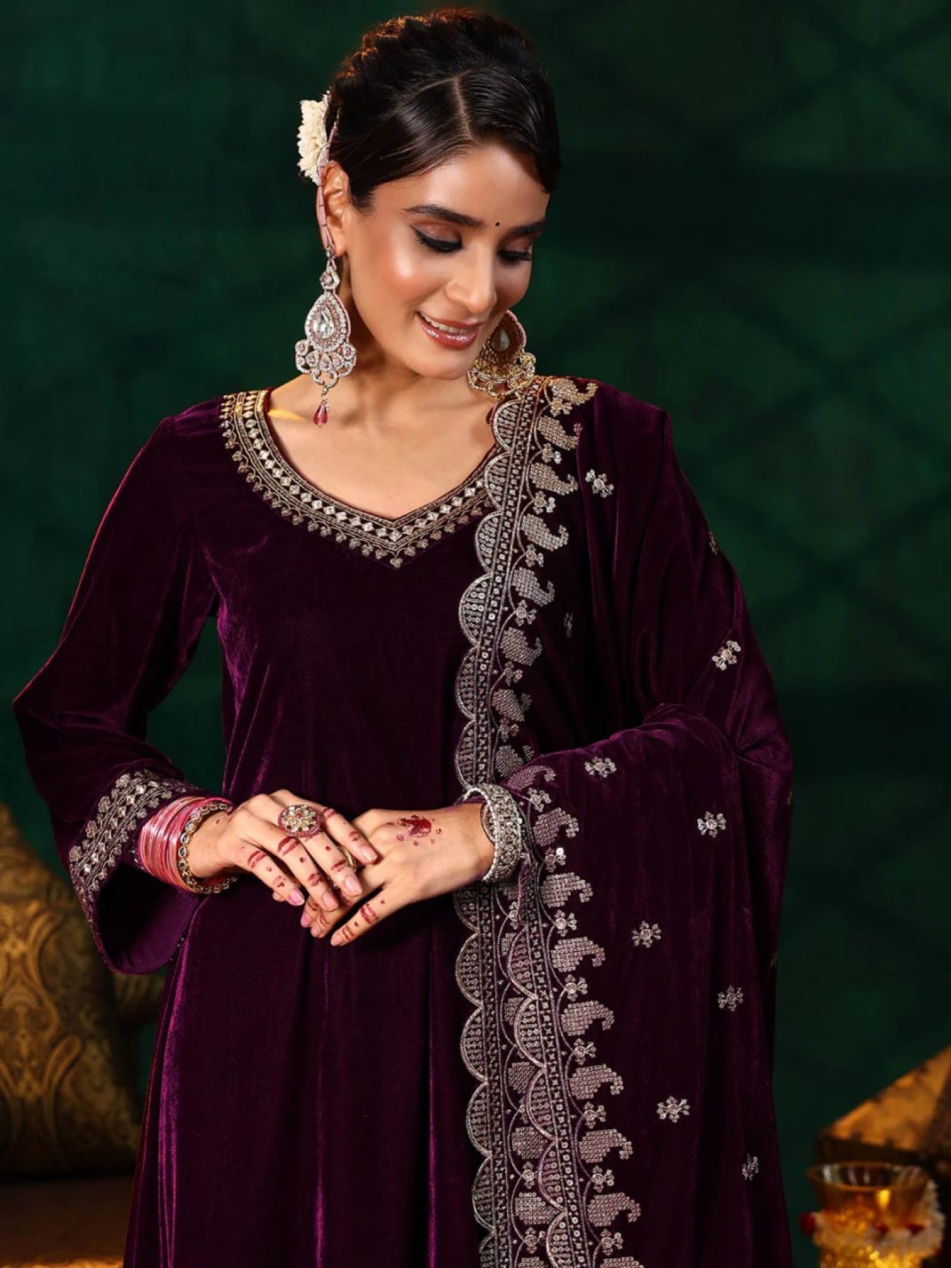 Fascinating Velvet Embroidered A-Line Kurti Set with Matching Pant ...
