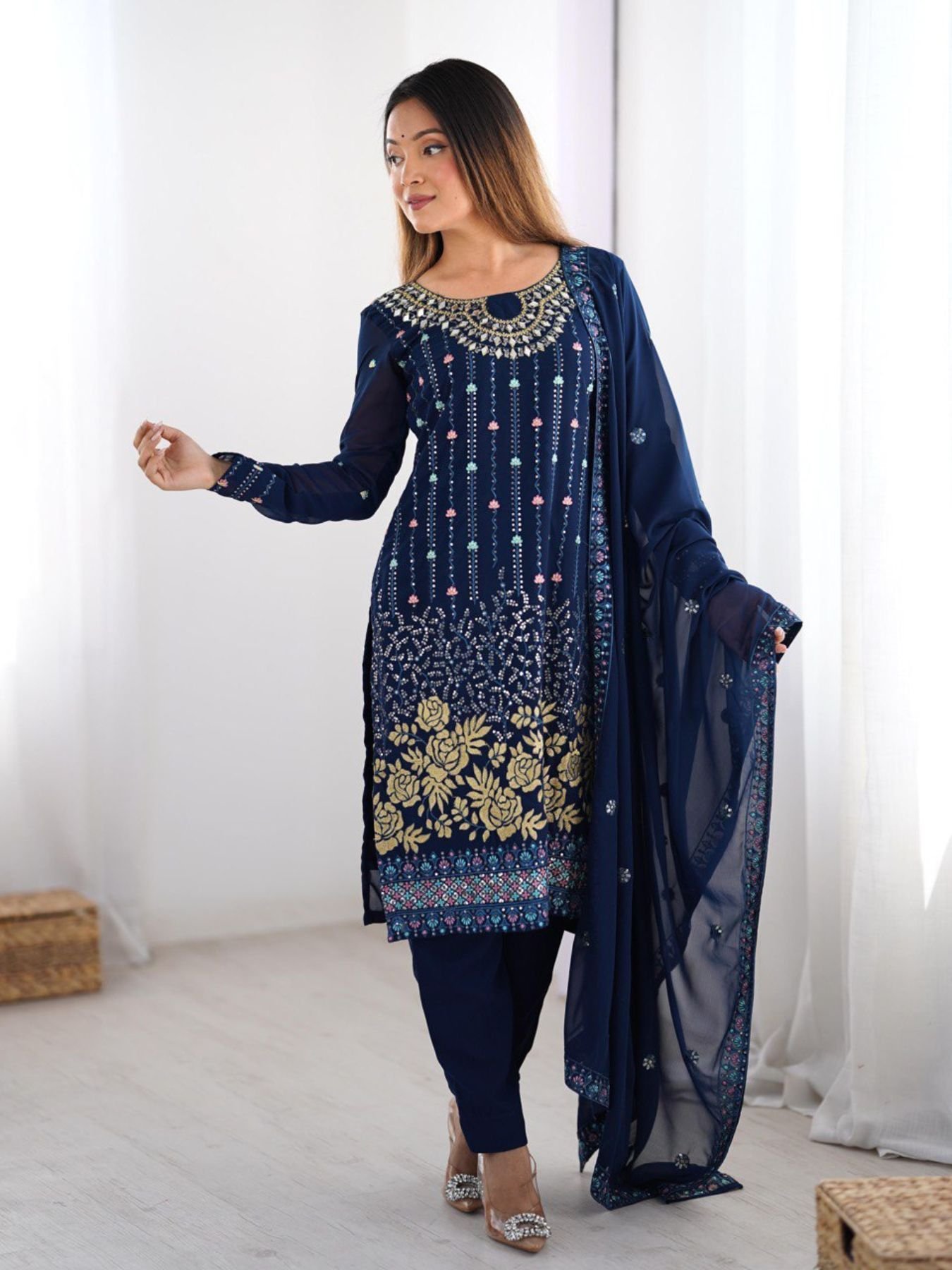 Real Mirror Work Faux Georgette Suit Set with Embroidered Dupatta