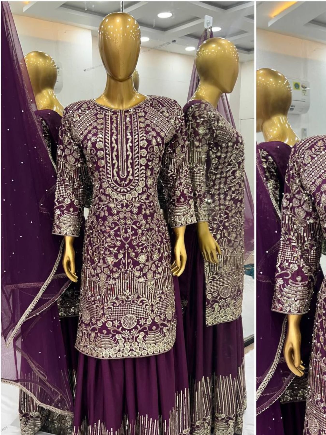 Fully Stitched Chinnon Silk Sharara Suit with Moti and Sequence Work for Women