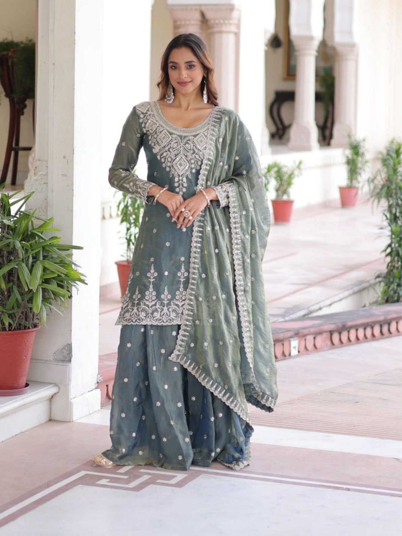 Fendi Silk Coding Sequins Embroidered Kurti Sharara Set with Cutwork Dupatta Perfect for women wear