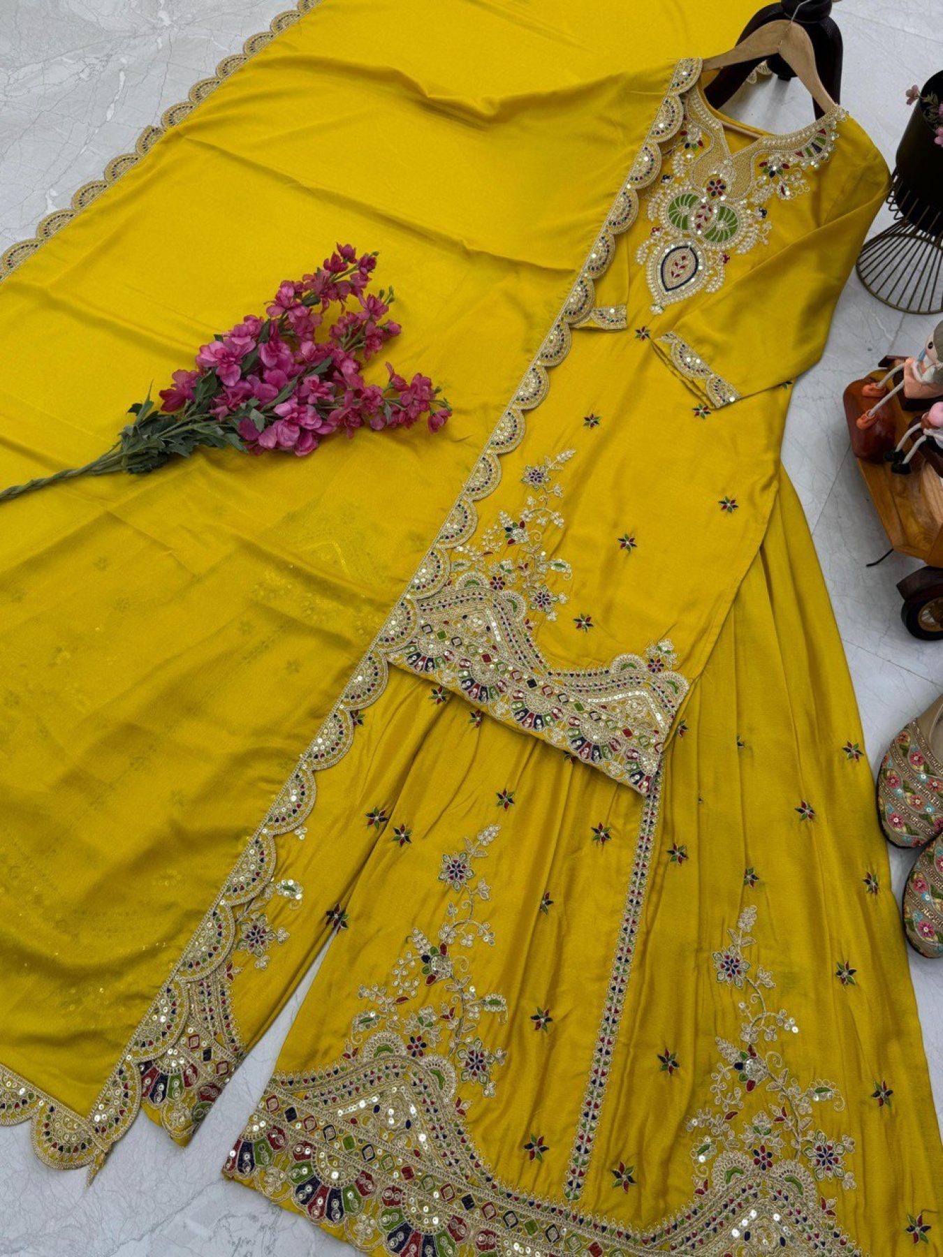 Fully Stitched Chinon Silk Sharara Set with Sequence Work