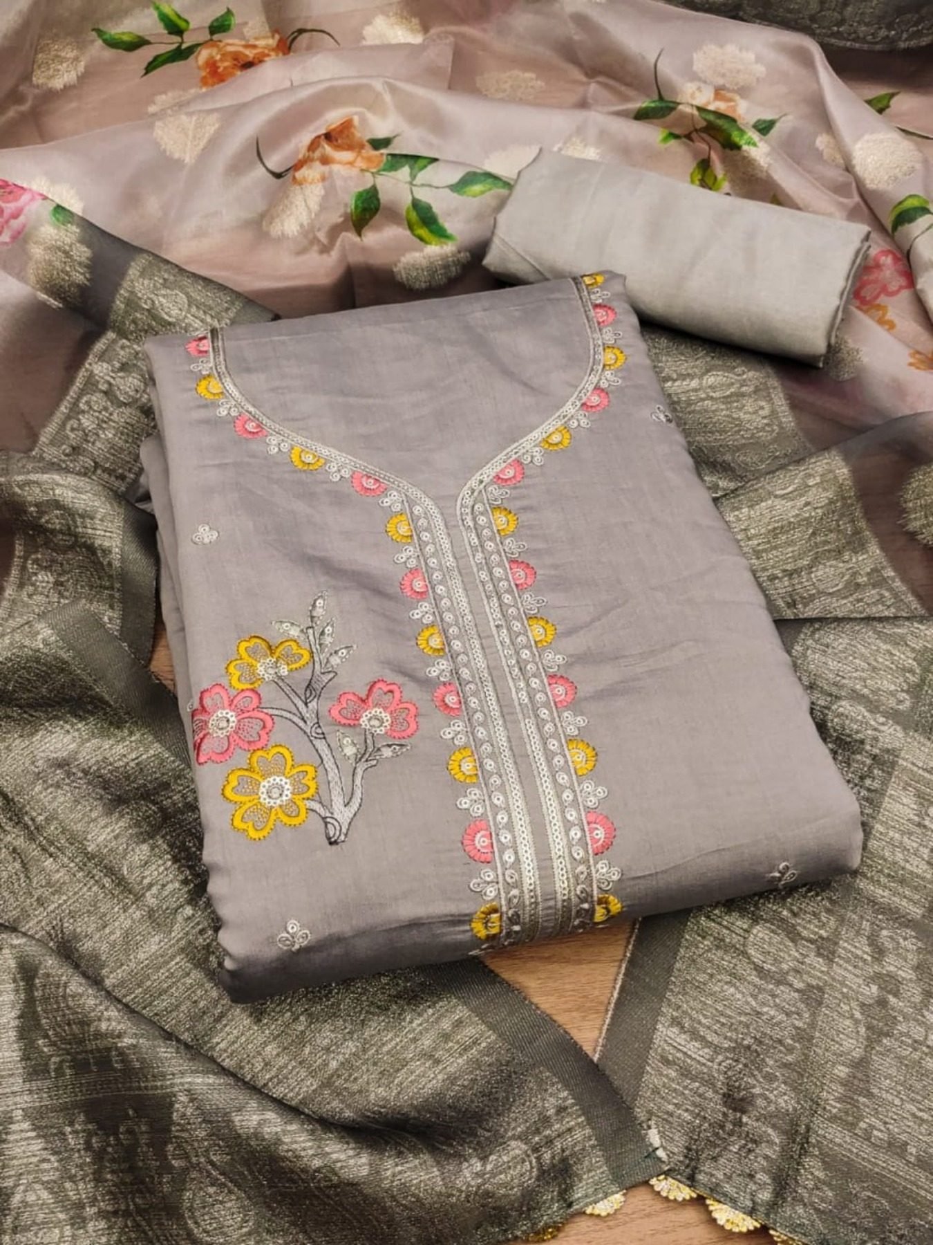 Buy Luxurious Grey Color Roman Silk Dress Materials Collection With ...