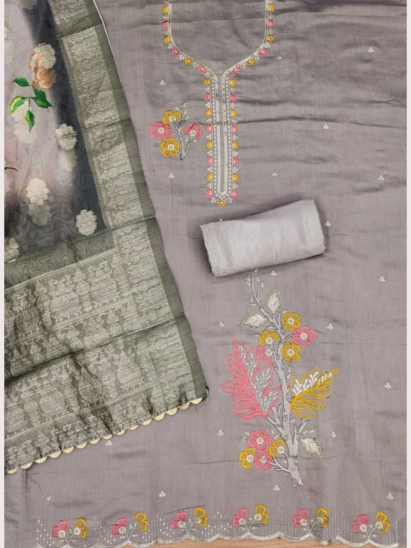 Buy Luxurious Grey Color Roman Silk Dress Materials Collection With ...