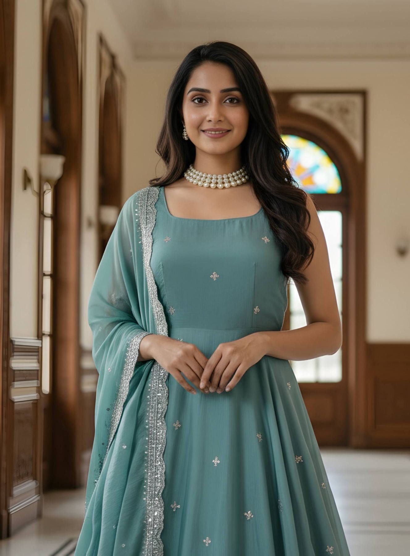 Pastel Teal Anarkali Gown With Embroidery Sequence Zari at Wholesale ...