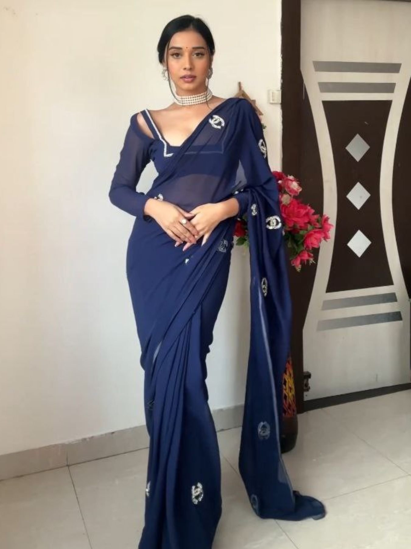 Buy Navy Blue Ready To Wear Saree With Embroidery Work at Rs. 899 ...