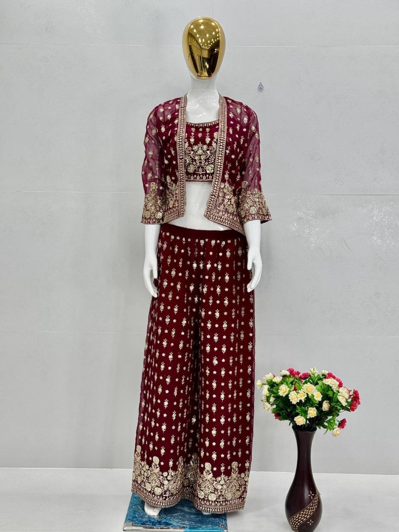 New Party Wear Koti Suit set With Maroon Color and Embroidery Sequence ...