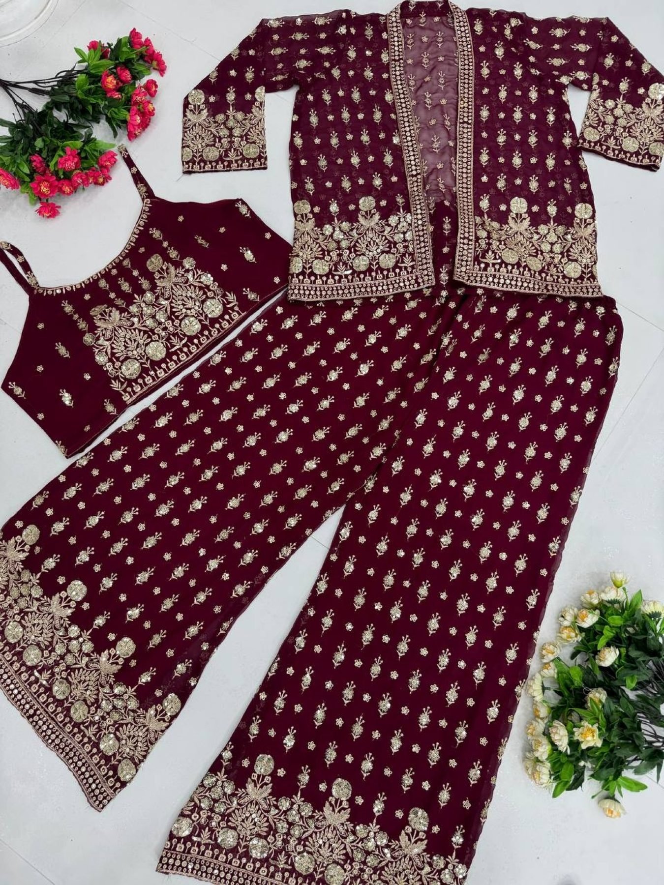 New Party Wear Koti Suit set With Maroon Color and Embroidery Sequence ...