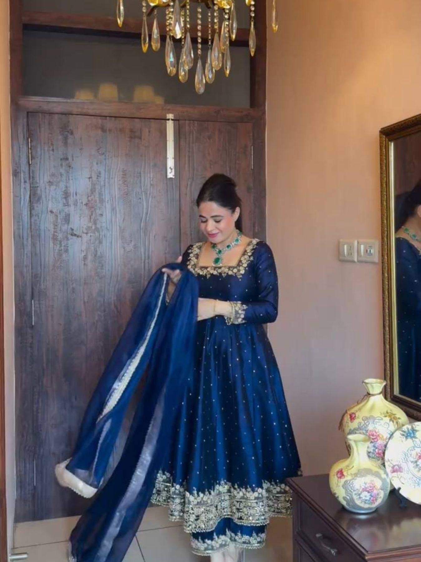 Buy Vichitra Silk Anarkali Gown, Dupatta & Pent Plazzo Set with ...