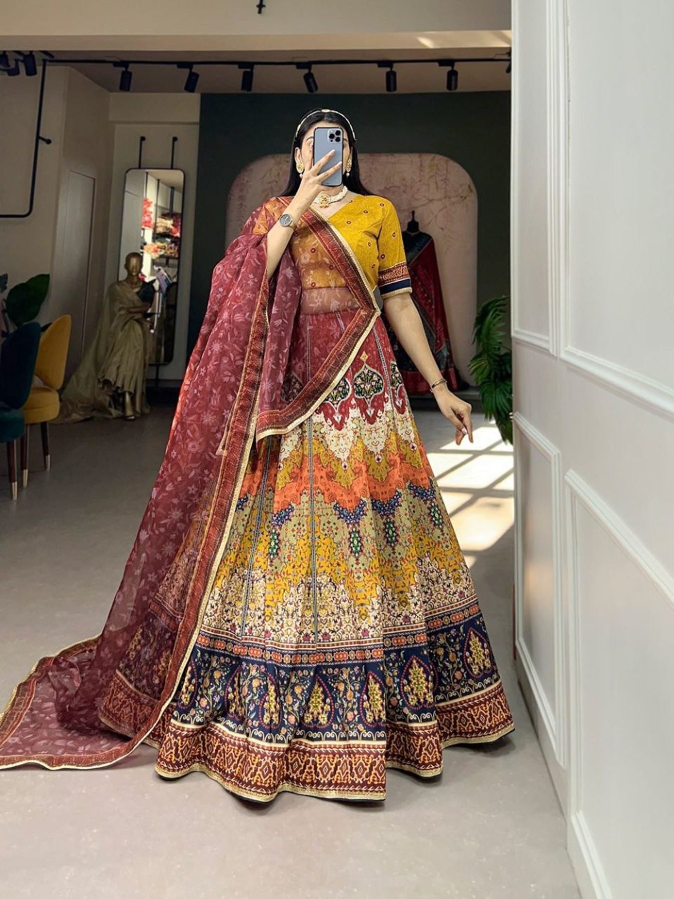 Buy Printed with Sequins Lace Border Silk Lehenga Choli at Rs. 1850 ...
