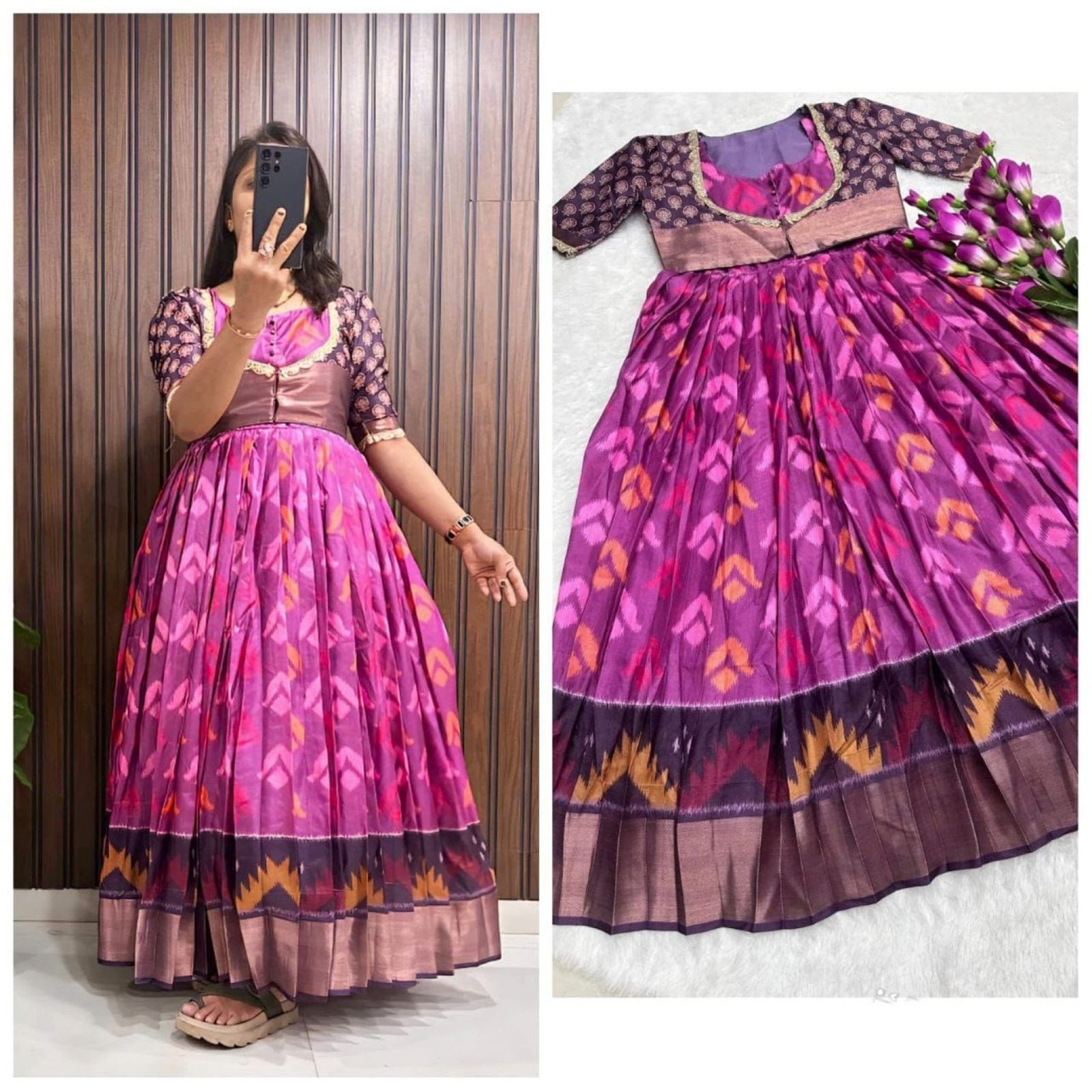 Pink Gown with Heavy Zari Contrast Border and Silk Jacket for Wedding