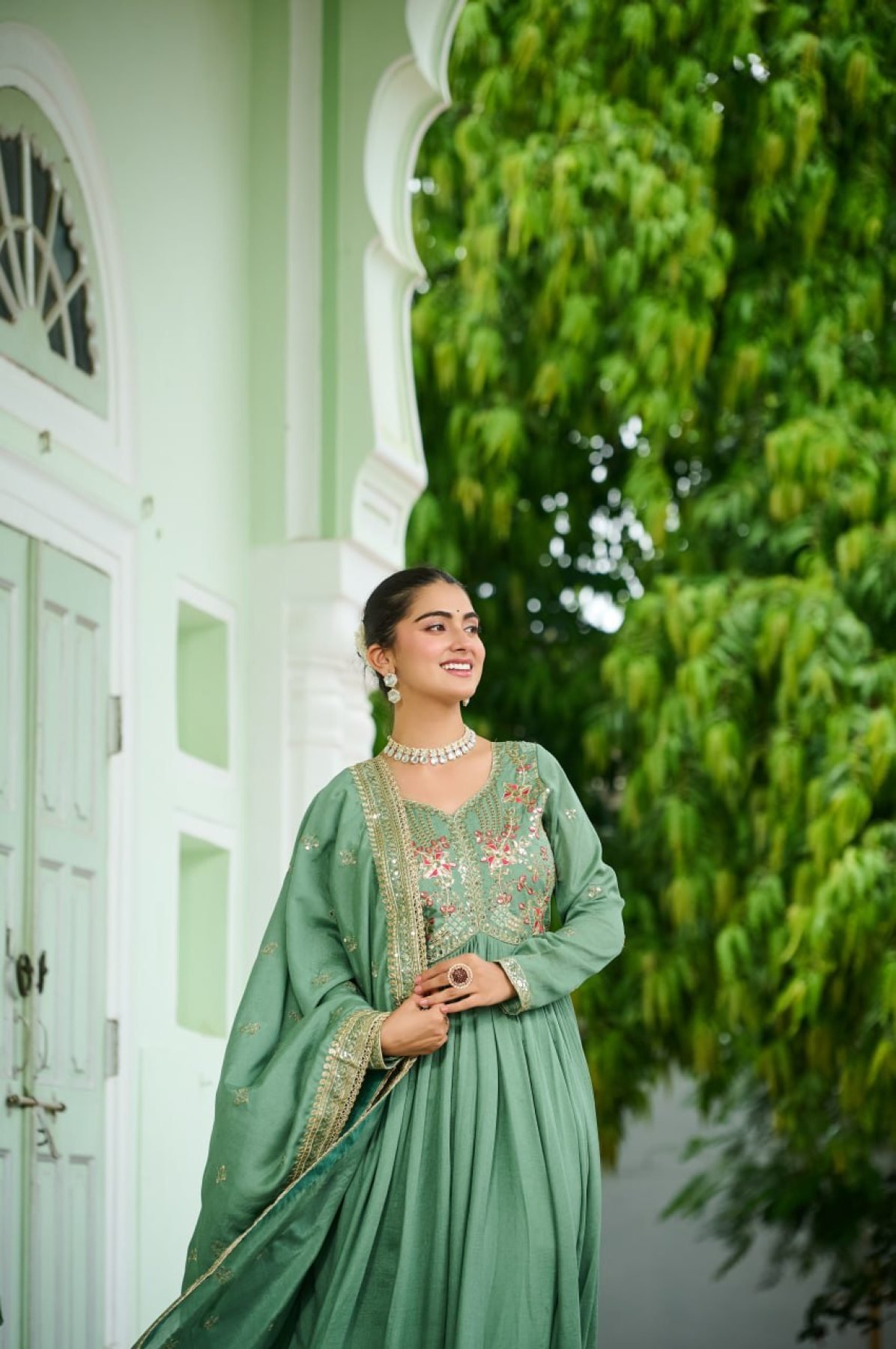 Designer Pista Green Vichitra Silk Gown with Rich Zari Embroidery,9m ...