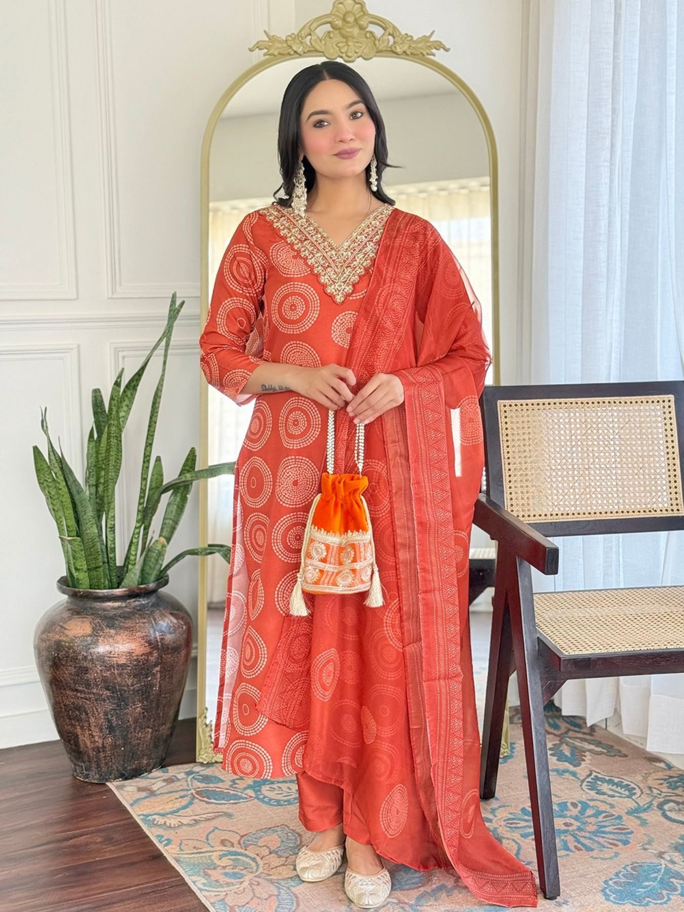 Purple & Orange Embroidered Rayon Kurti Set with Taby Dupatta