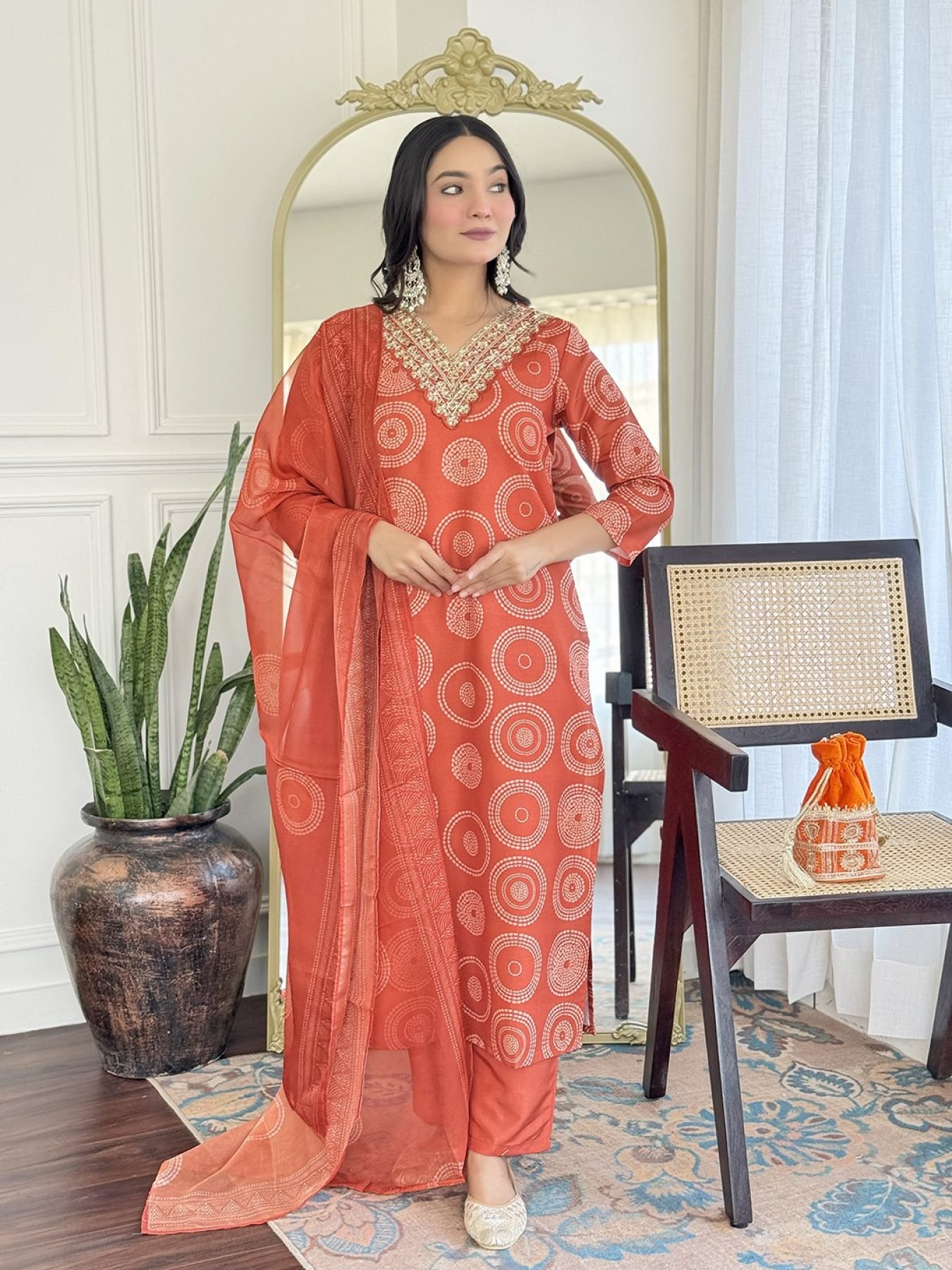 Purple & Orange Embroidered Rayon Kurti Set with Taby Dupatta