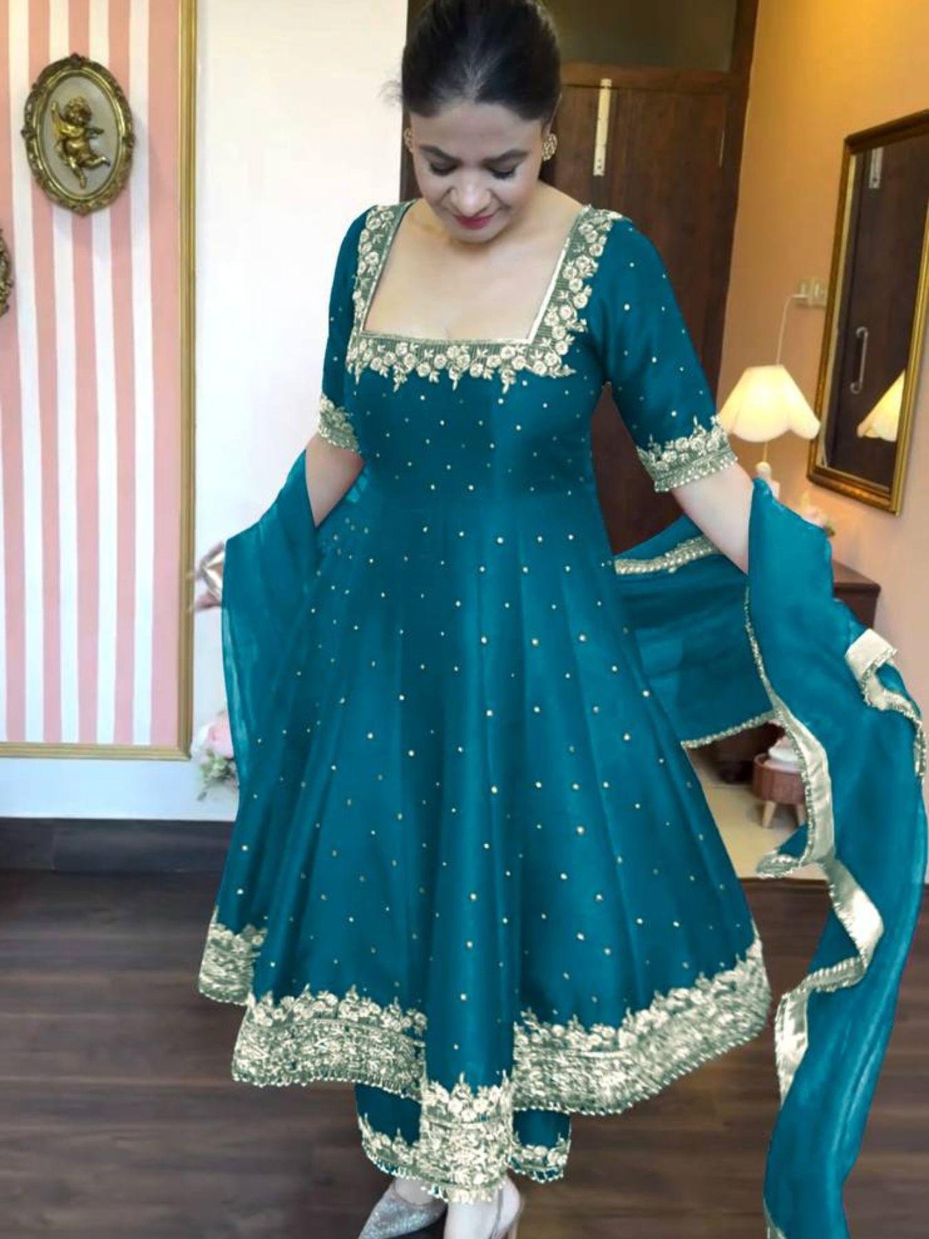 Buy Vichitra Silk Anarkali Gown, Dupatta & Pent Plazzo Set with ...