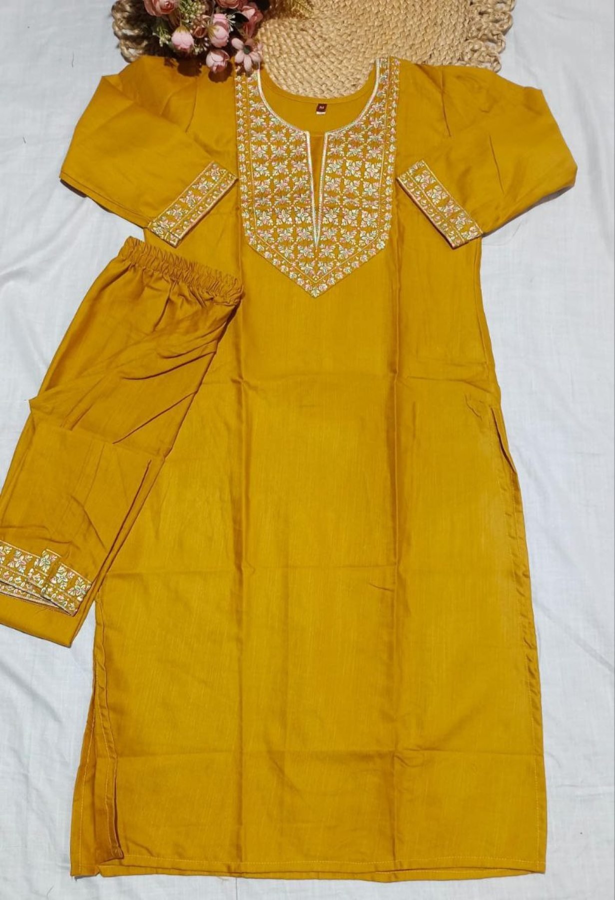 Trendy Yellow Embroidered Cotton Kurti With Pant At Wholesale rate