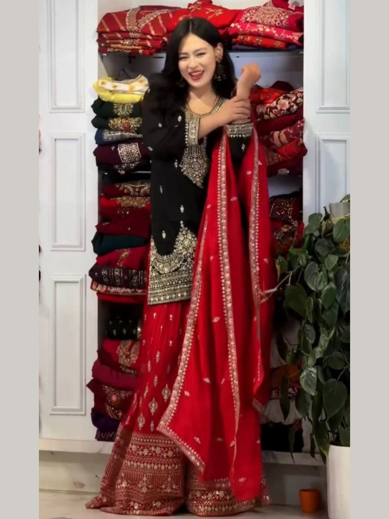 Crow Black Fully stitched Chinon Silk suit set for weddings wear