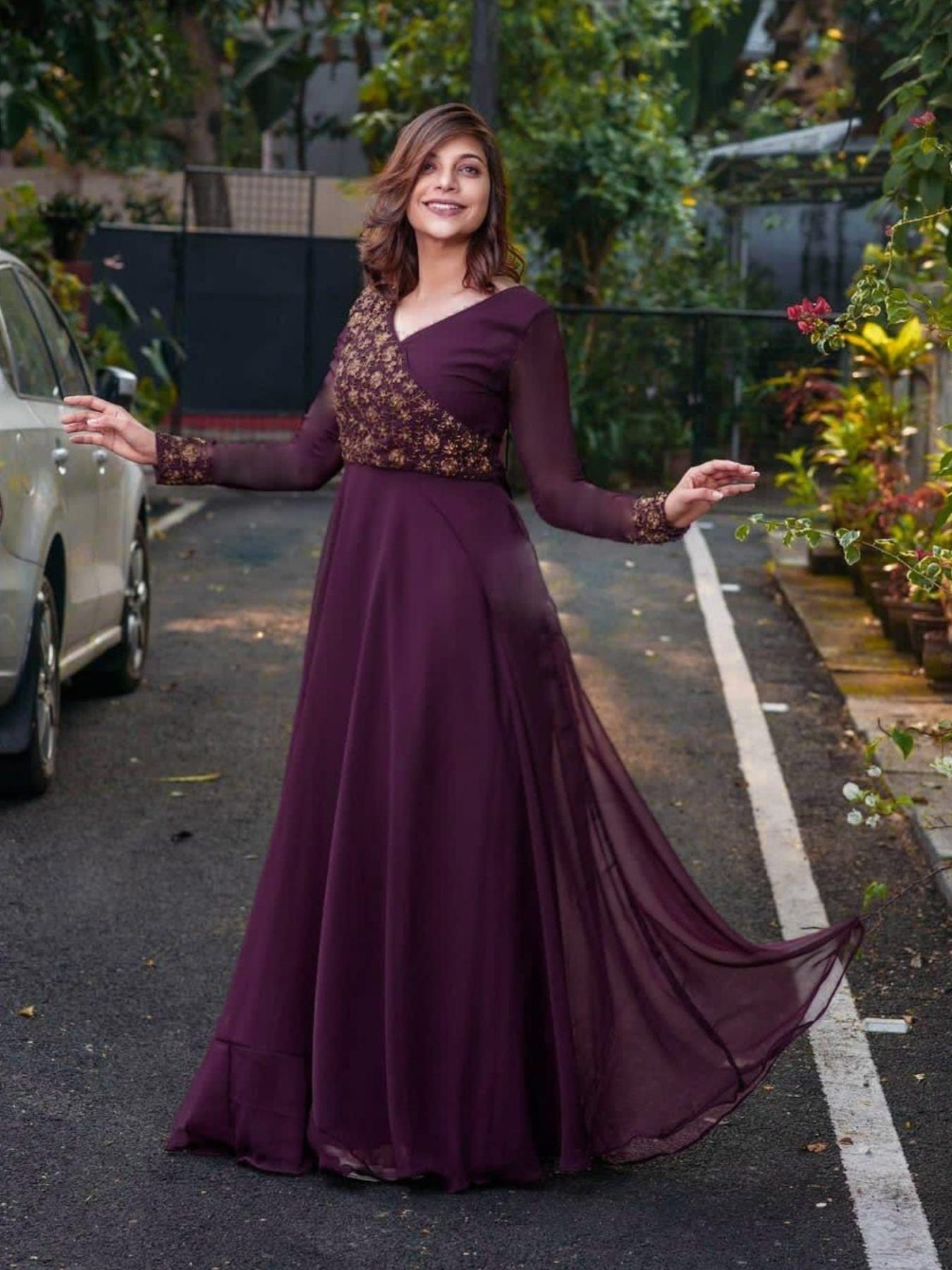 Buy Wine Color Faux Blooming Sequence Work Gown at Rs. 799 online from ...